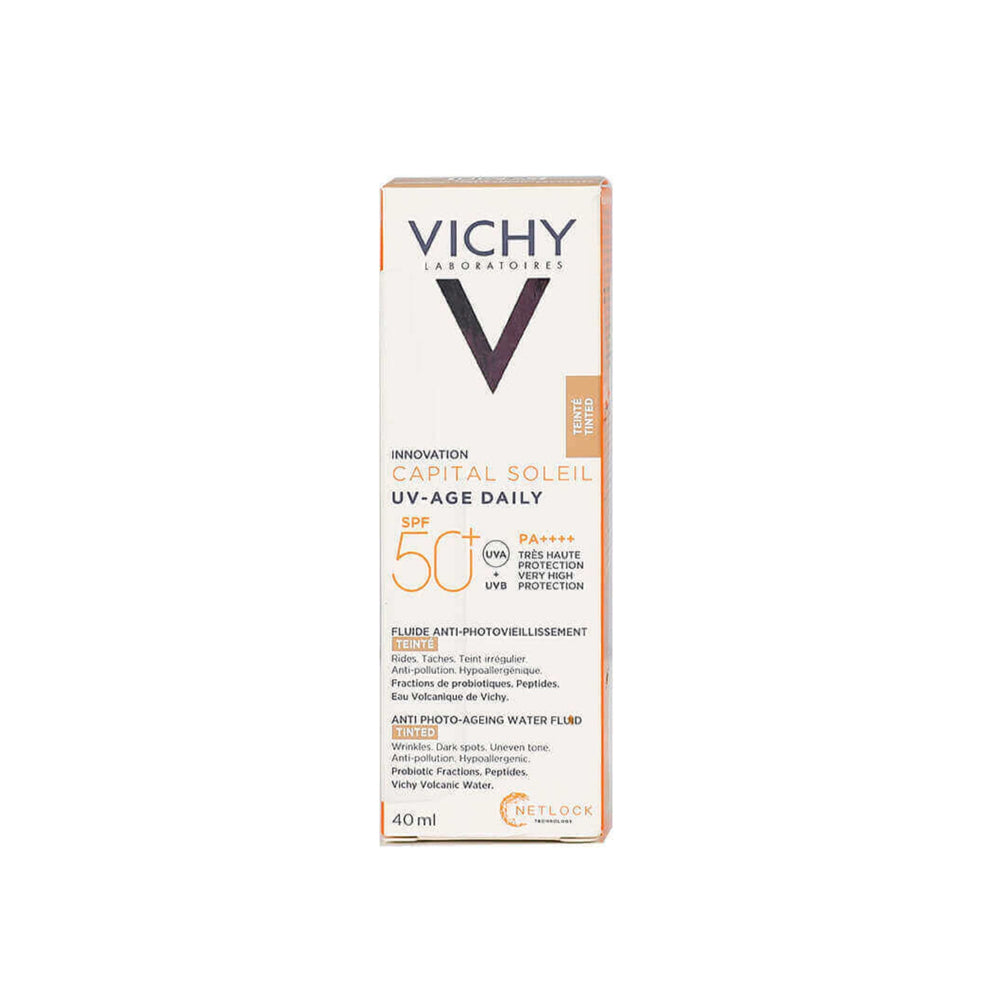 VICHY CAPITAL SOLEIL SPF 50 UV-AGE DAILY ANTI PHOTO-AGEING WATER FLUID TINTED 40ml | Inaya Derma